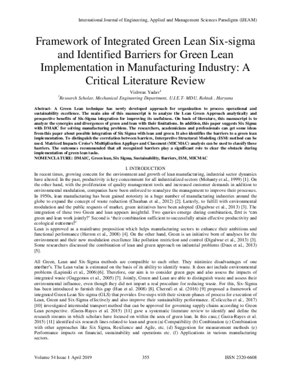 (PDF) Framework of Integrated Green Lean Six-sigma and Identified Barriers for Green Lean ...