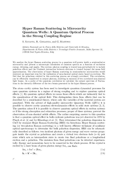 (PDF) Hyper Raman Scattering in Microcavity Quantum Wells: A Quantum Optical Process in the ...