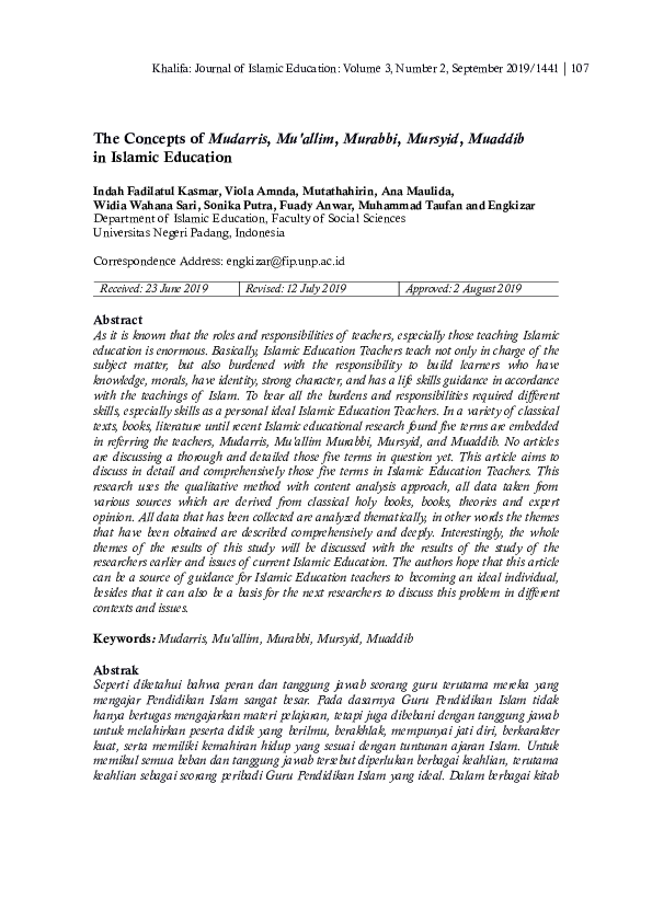 (PDF) The Concepts of Mudarris, Mu'allim, Murabbi, Mursyid, Muaddib in ...