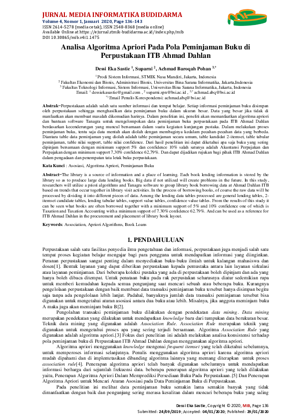 (PDF) Analisa Algoritma Apriori Pada Pola Peminjaman Buku di Perpustakaan ITB Ahmad Dahlan