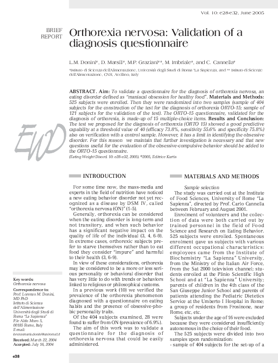 (PDF) Orthorexia nervosa: validation of a diagnosis questionnaire
