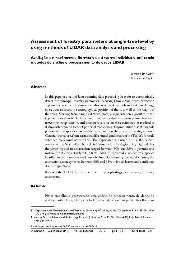 Pdf Assessment Of Forestry Parameters At Single Tree Level By Using