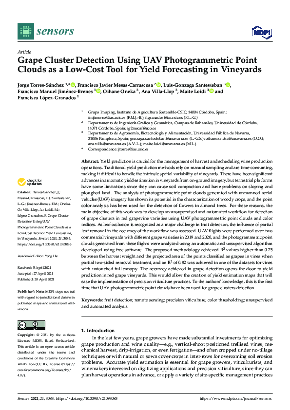(PDF) Grape Cluster Detection Using UAV Photogrammetric Point Clouds as a Low-Cost Tool for ...