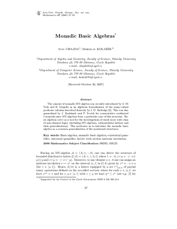 (PDF) Monadic Basic Algebras | Ivan Chajda - Academia.edu