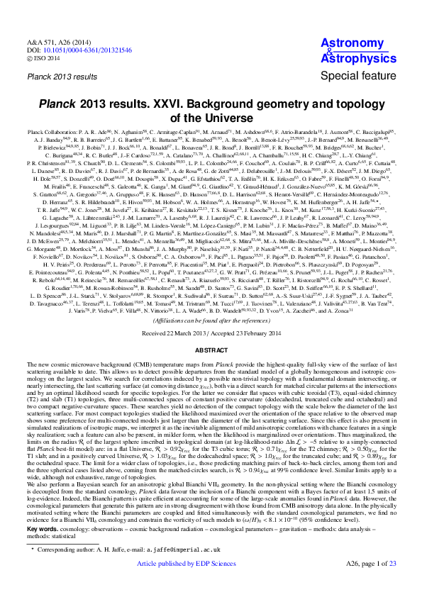 (PDF) Planck 2013 results. XXVI. Background geometry and topology of ...