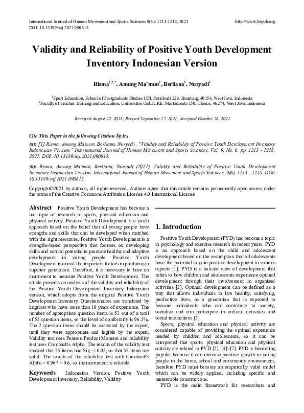 (PDF) Validity and Reliability of Positive Youth Development Inventory Indonesian Version