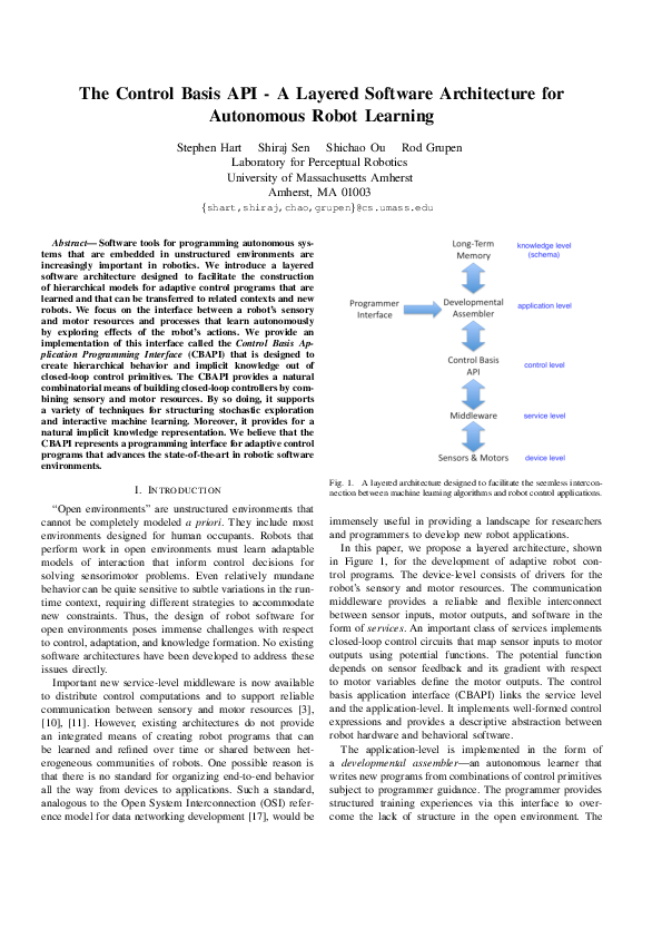 (PDF) The control basis api-a layered software architecture for autonomous robot learning