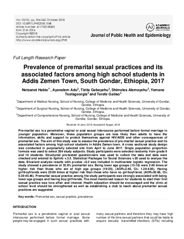 Pdf Prevalence Of Premarital Sexual Practices And Its Associated