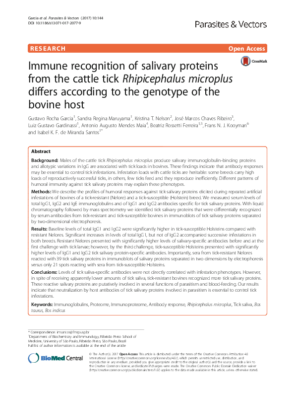 (PDF) Immune recognition of salivary proteins from the cattle tick Rhipicephalus microplus ...