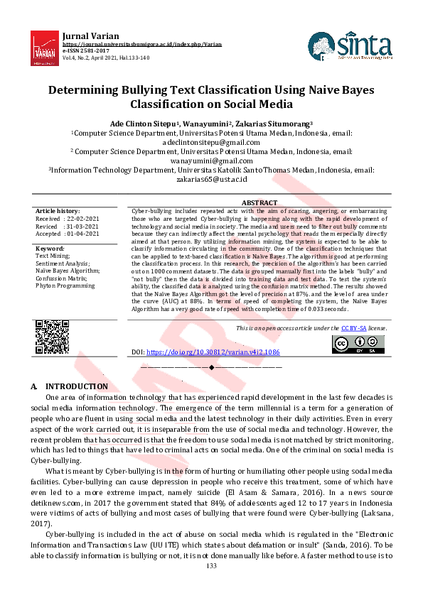 Pdf Determining Bullying Text Classification Using Naive Bayes Classification On Social Media