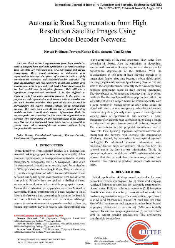 Pdf Automatic Road Segmentation From High Resolution Satellite Images Using Encoder Decoder