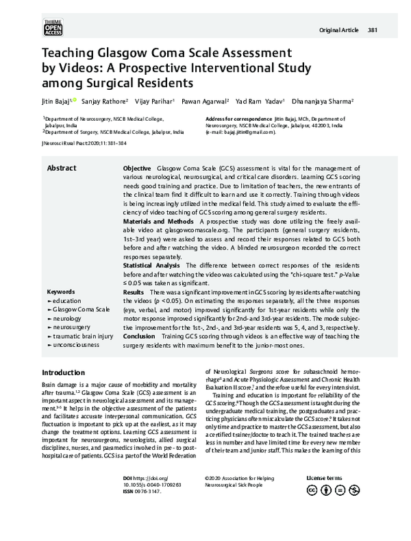 (PDF) Teaching Glasgow Coma Scale Assessment by Videos: A Prospective ...