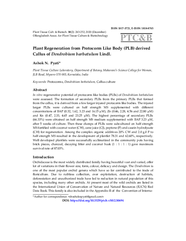 (PDF) Plant Regeneration from Protocorm Like Body (PLB) derived Callus ...