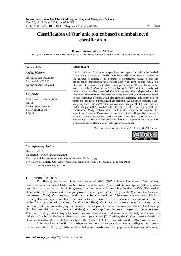 (PDF) Classification of Quranic topics based on imbalanced ... (PDF) Classification of Quranic topics based on imbalanced ...