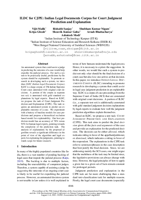 (PDF) ILDC for CJPE: Indian Legal Documents Corpus for Court ...