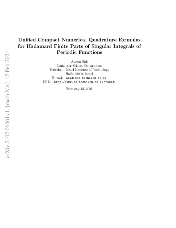 (PDF) Unified compact numerical quadrature formulas for Hadamard finite parts of singular ...