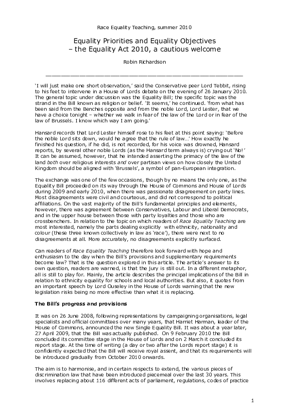 (PDF) Equality Priorities and Equality Objectives – the Equality Act ...