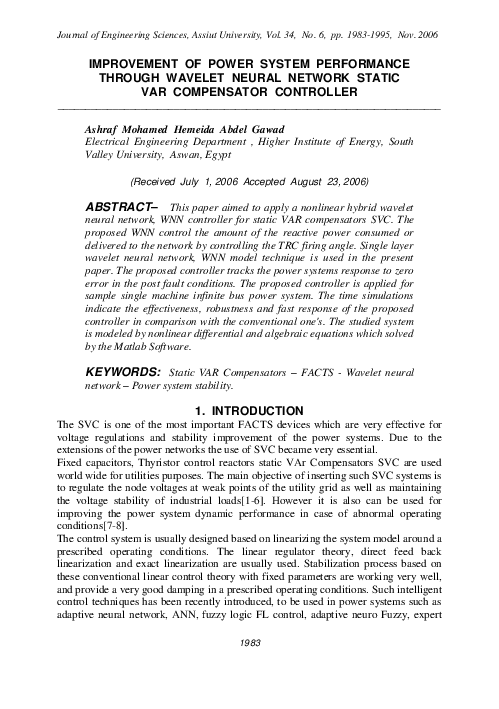 Pdf Improvement Of Power System Performance Through Wavelet Neural Network Static Var
