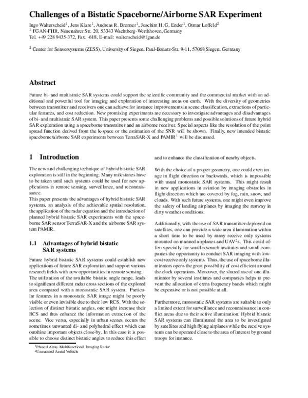 (PDF) Challenges of a Bistatic Spaceborne / Airborne SAR Experiment