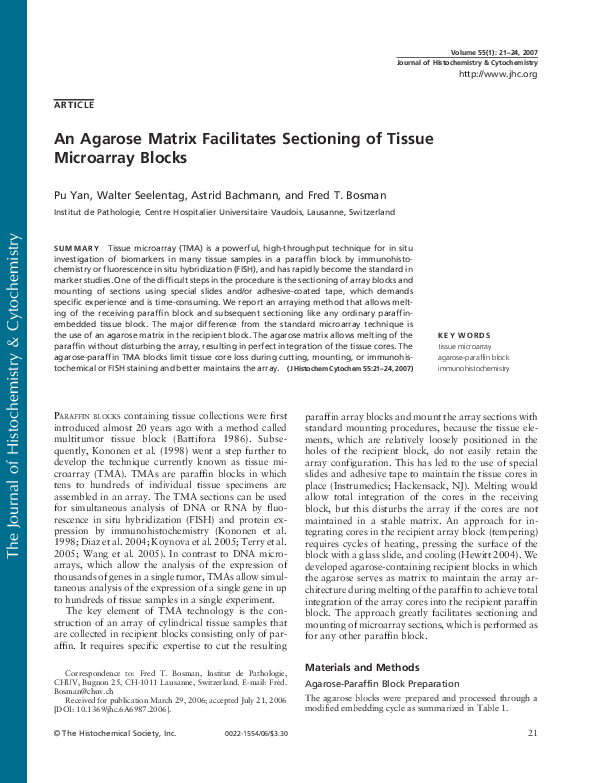 (PDF) An Agarose Matrix Facilitates Sectioning of Tissue Microarray Blocks