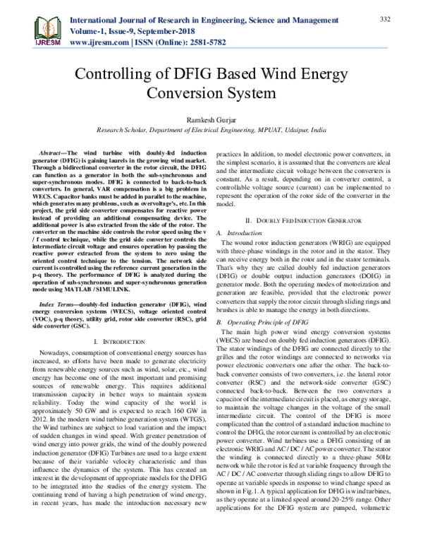 Pdf Controlling Of Dfig Based Wind Energy Conversion System