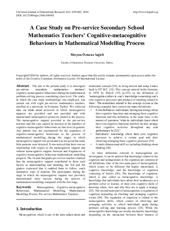 (PDF) A Case Study on Pre-service Secondary School Mathematics Teachers' Cognitive-metacognitive ...