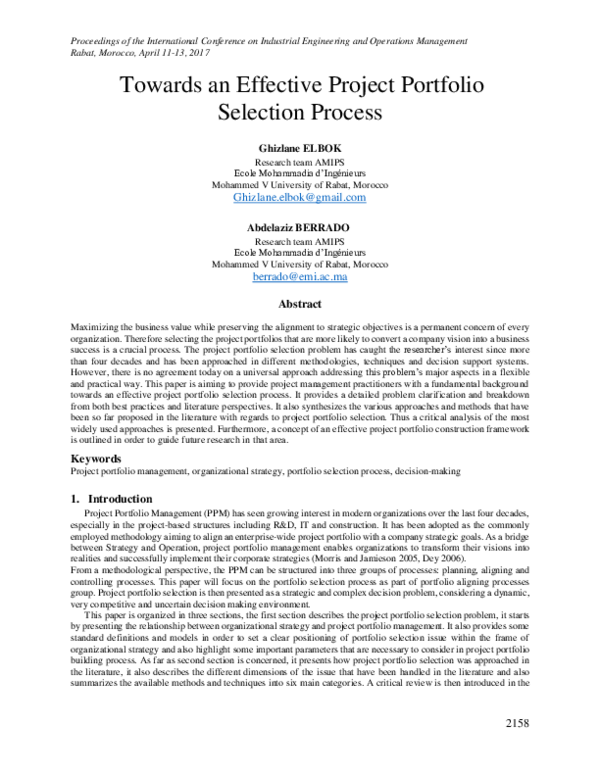 (PDF) Towards an Effective Project Portfolio Selection Process