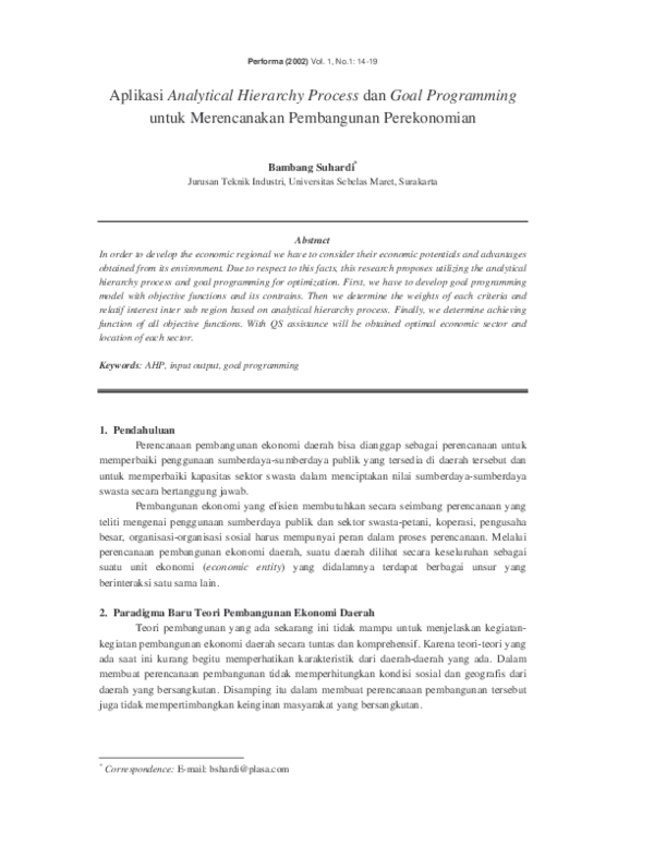 (PDF) Aplikasi Analytical Hierarchy Process dan Goal Programming untuk Merencanakan Pembangunan ...