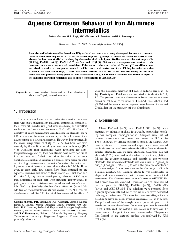 (PDF) Aqueous Corrosion Behavior of Iron aluminide Intermetallics