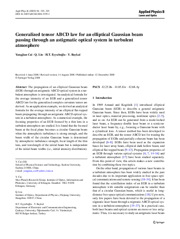 Pdf Generalized Tensor Abcd Law For An Elliptical Gaussian Beam Passing Through An Astigmatic