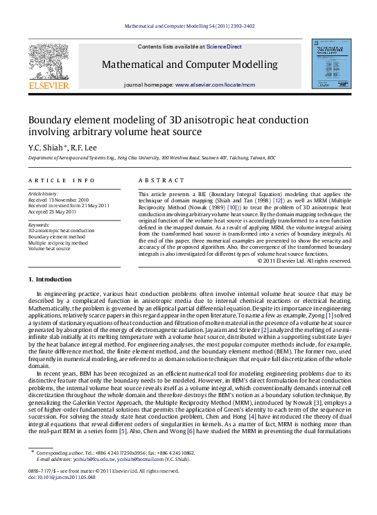 (PDF) Boundary element modeling of 3D anisotropic heat conduction involving arbitrary volume ...