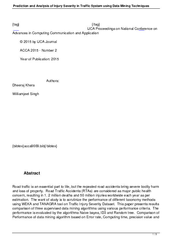 (PDF) Prediction and Analysis of Injury Severity in Traffic System using Data Mining Techniques