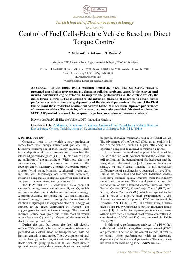 (PDF) Control of Fuel Cells-Electric Vehicle Based on Direct Torque Control