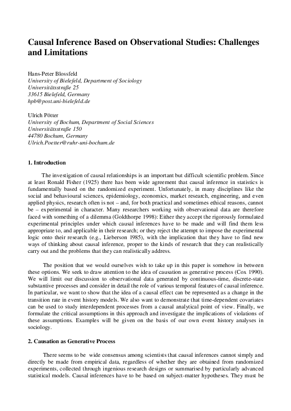 (PDF) Causal Inference Based on Observational Studies : Challenges and Limitations