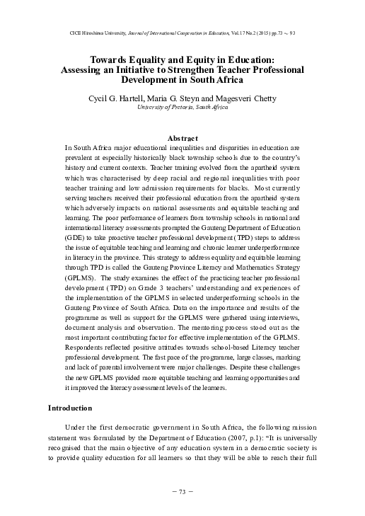 (PDF) Towards Equality and Equity in Education : Assessing an ...