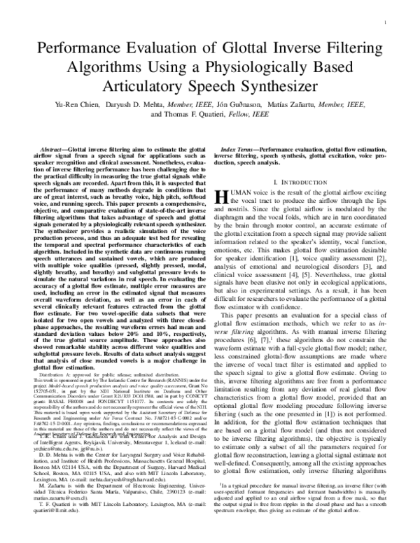 (PDF) Estimation of amplitude features of the glottal flow by inverse filtering speech pressure ...