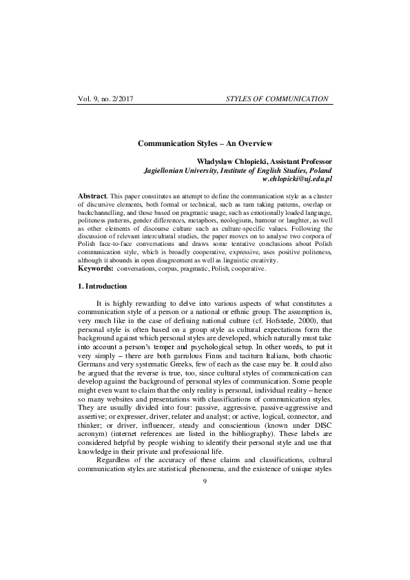 (PDF) Communication styles : an overview | Wladyslaw Chlopicki ...