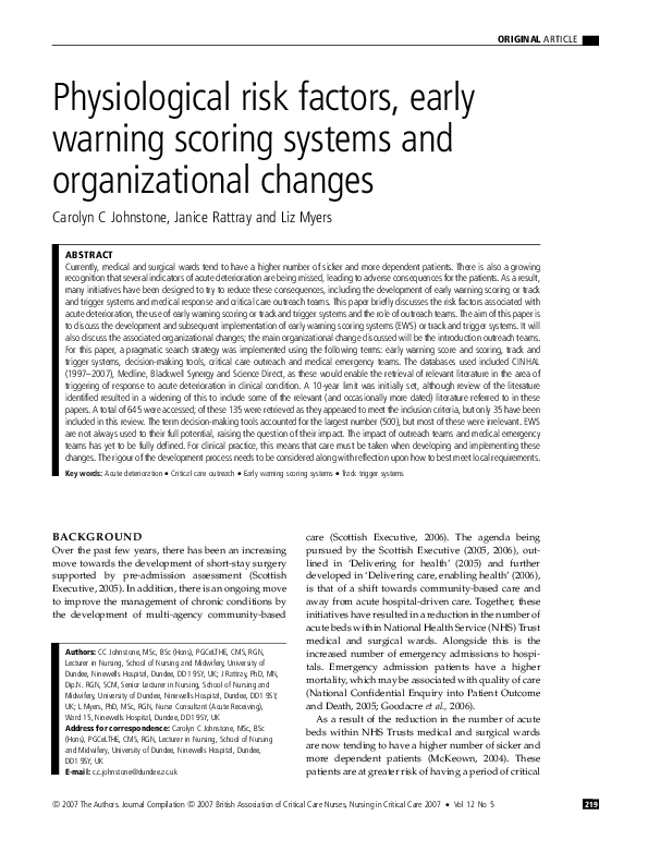 (PDF) Physiological risk factors, early warning scoring systems and ...