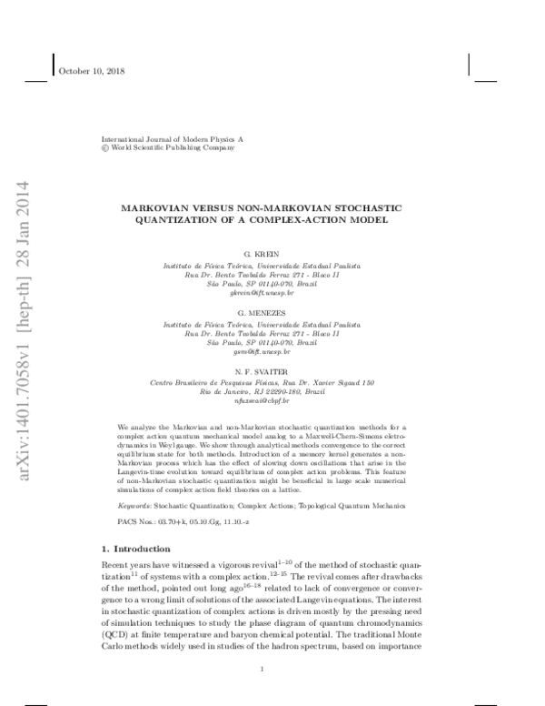 Pdf Markovian Versus Non Markovian Stochastic Quantization Of A Complex Action Model
