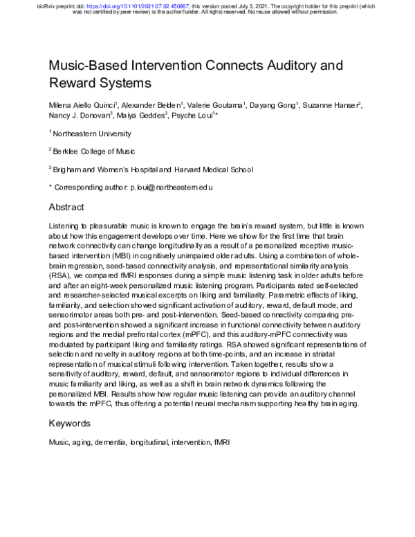 (PDF) Music-Based Intervention Connects Auditory and Reward Systems