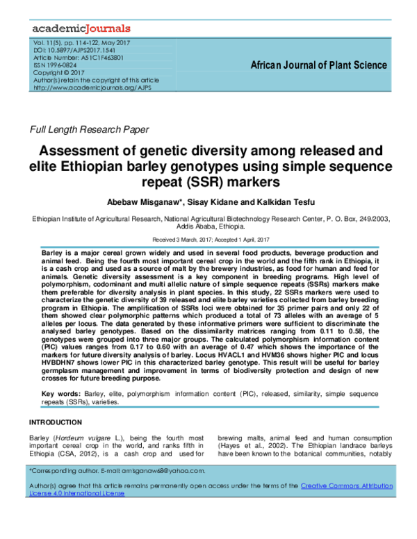 (PDF) Assessment of genetic diversity among released and elite Ethiopian barley genotypes using ...