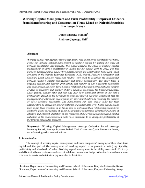 (PDF) Working Capital Management and Firm Profitability : Empirical Evidence from Manufacturing ...