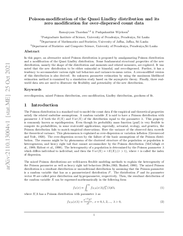 Pdf Poisson Modification Of The Quasi Lindley Distribution And Its Zero Modification For Over