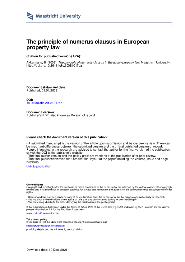 (PDF) The Principle of Numerus Clausus in European Property Law