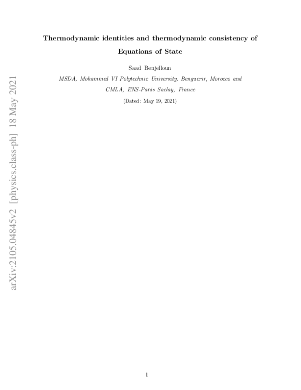(PDF) Thermodynamic identities and thermodynamic consistency of ...