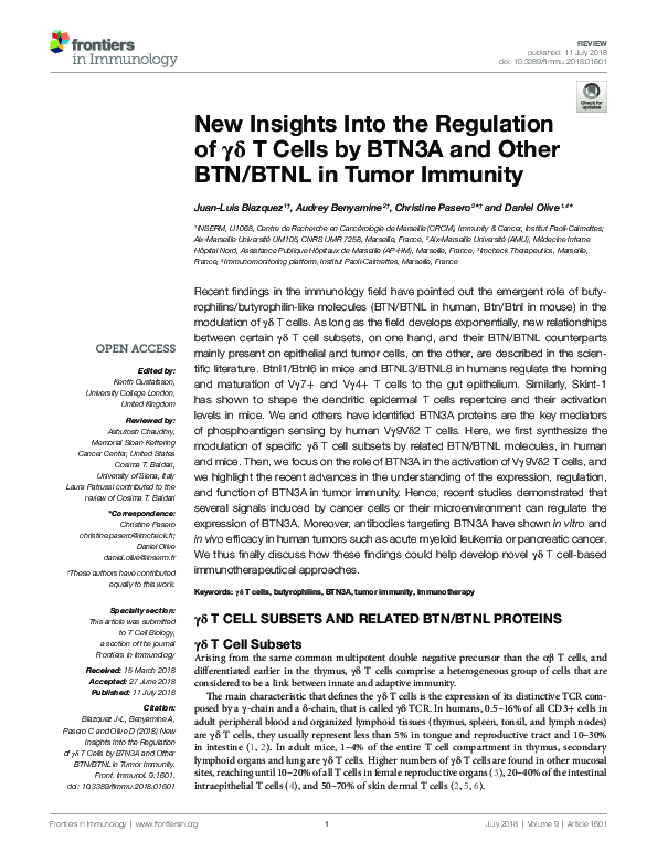 (PDF) New Insights Into the Regulation of γδ T Cells by BTN3A and Other ...