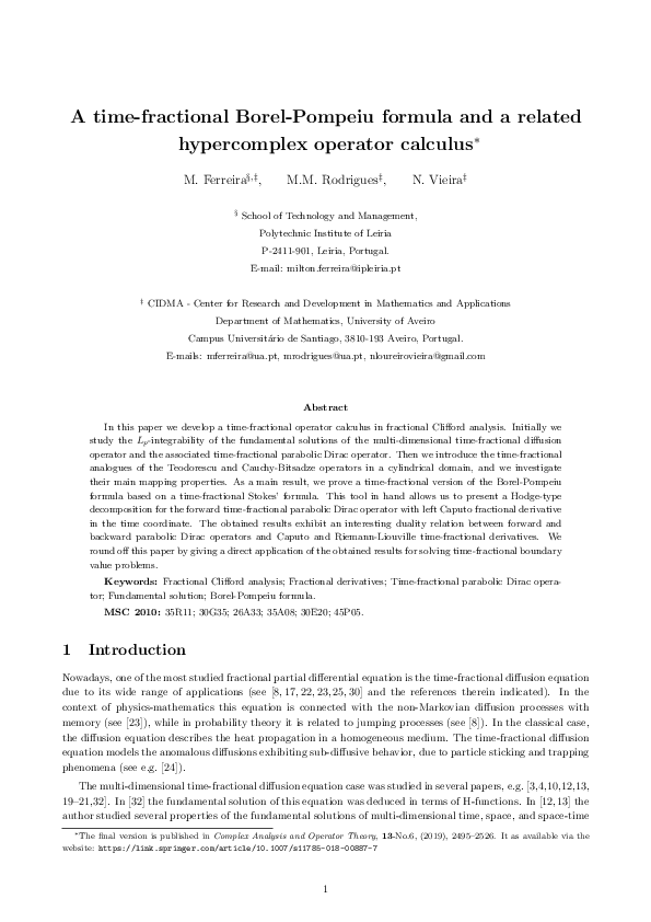 (PDF) A Time-Fractional Borel–Pompeiu Formula and a Related Hypercomplex Operator Calculus