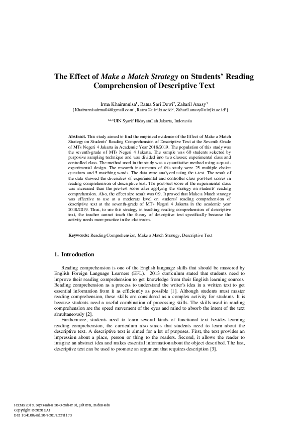 (PDF) The Effect of Make a Match Strategy on Students’ Reading ...