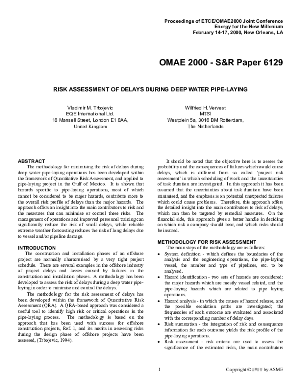 (PDF) Risk Assessment of Delays During Deep Water Pipe-Laying