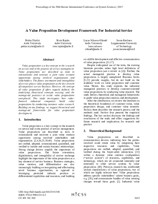 (PDF) A Value Proposition Development Framework for Industrial Service